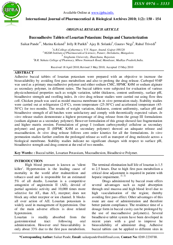 Pdf Buccoadhesive Tablets Of Losartan Potassium Design And Characterization