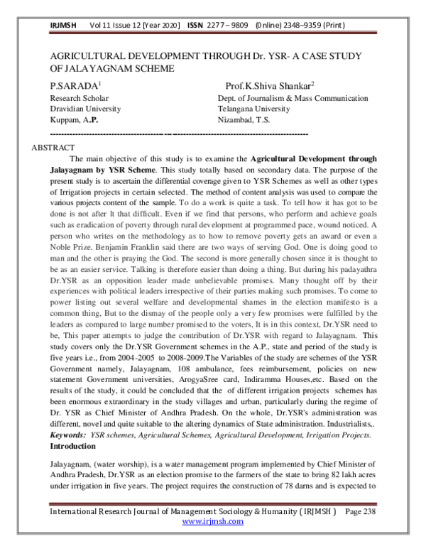 (PDF) AGRICULTURAL DEVELOPMENT THROUGH Dr. YSR-A CASE STUDY OF ...