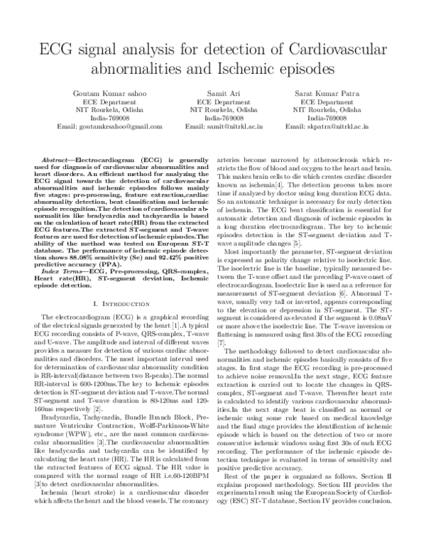 (PDF) ECG signal analysis for detection of cardiovascular abnormalities and ischemic episodes