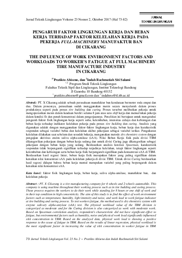 (PDF) Pengaruh Faktor Lingkungan Kerja Dan Beban Kerja Terhadap Faktor Kelelahan Kerja Pada ...