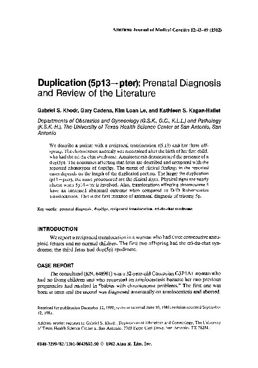 (PDF) Duplication (5p13→pter): Prenatal diagnosis and review of the ...