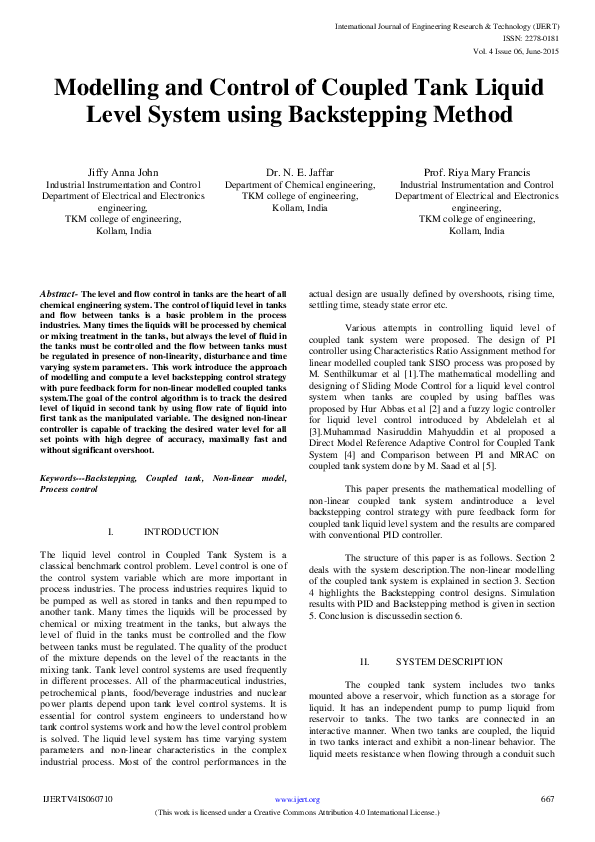 (PDF) Modelling and Control of Coupled Tank Liquid Level System using Backstepping Method
