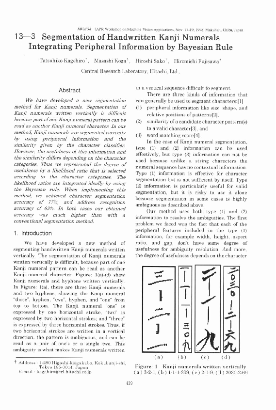 Pdf Segmentation Of Handwritten Kanji Numerals Integrating Peripheral Information By Bayesian Rule