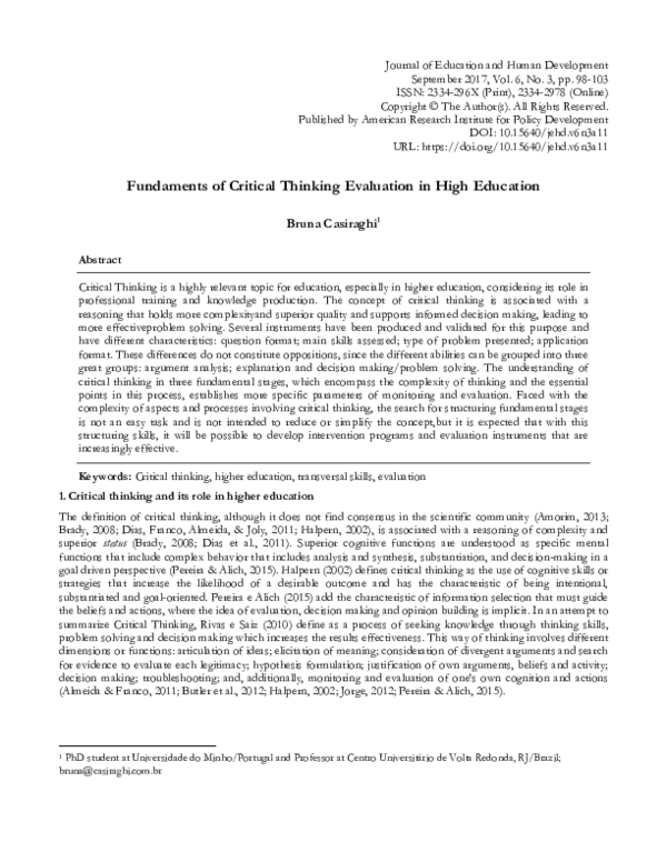 (PDF) Fundaments of Critical Thinking Evaluation in High Education