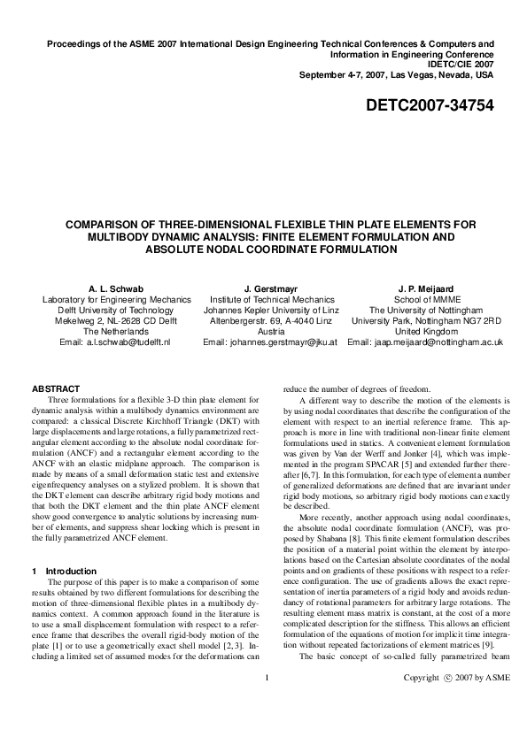 (PDF) Comparison of three-dimensional flexible thin plate elements for multibody dynamic ...