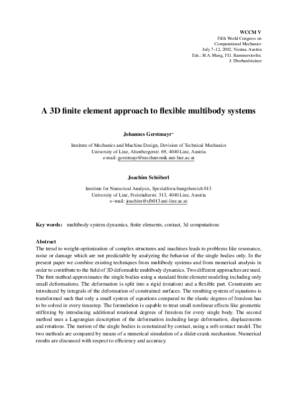 (PDF) A 3D finite element approach to flexible multibody systems | Johannes Gerstmayr - Academia.edu