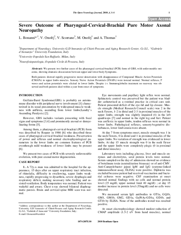 (PDF) Severe outcome of pharyngeal-cervical-brachial pure motor axonal ...