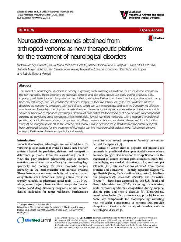 (PDF) Neuroactive compounds obtained from arthropod venoms as new therapeutic platforms for the ...