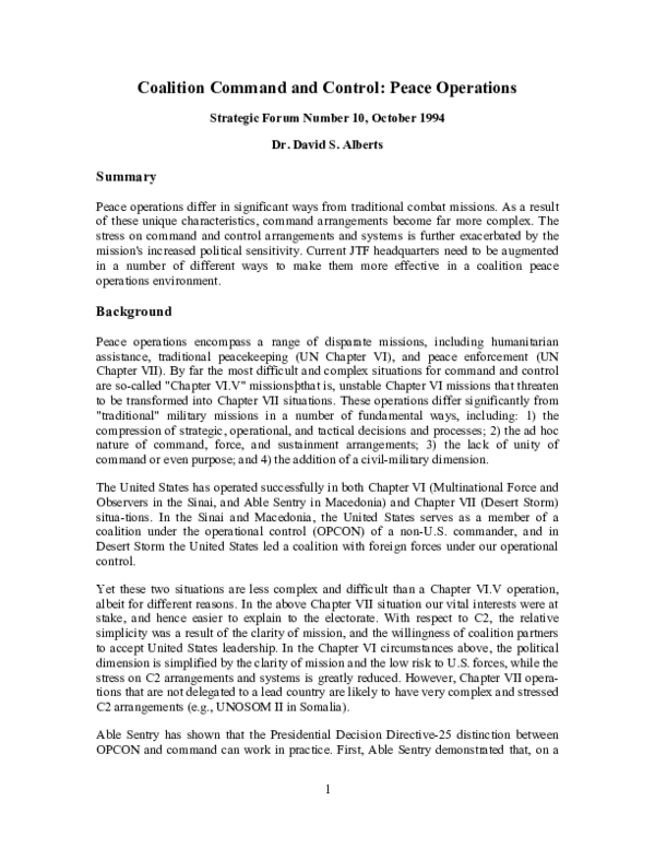 Pdf Coalition Command And Control Peace Operations