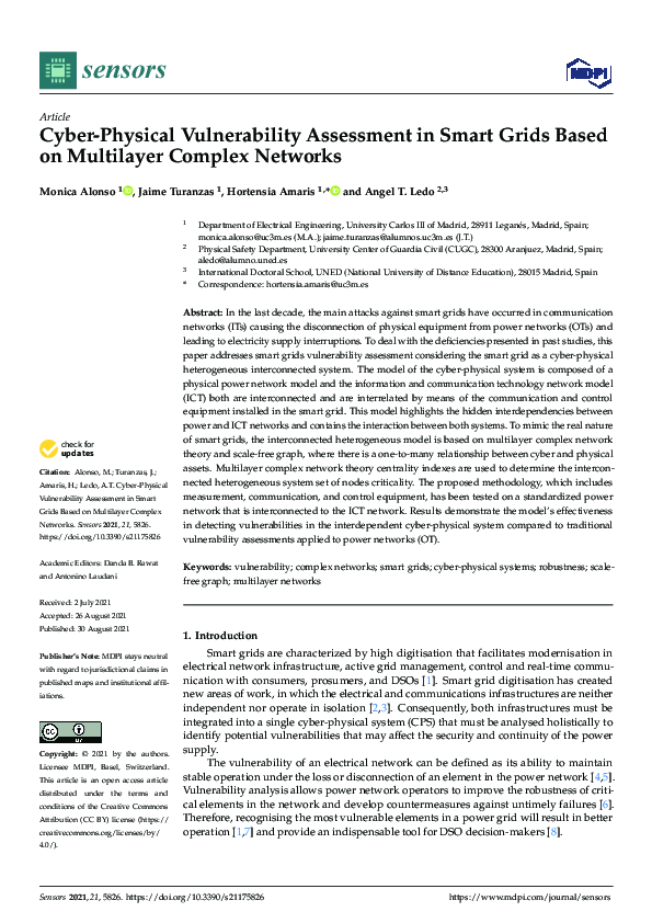 Pdf Cyber Physical Vulnerability Assessment In Smart Grids Based On Multilayer Complex Networks