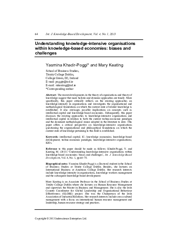 Pdf Understanding Knowledge Intensive Organisations Within Knowledge