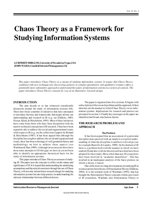 (PDF) Chaos Theory as a Framework for Studying Information Systems