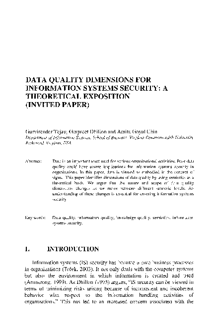 (PDF) Data Quality Dimensions for Information Systems Security: A ...