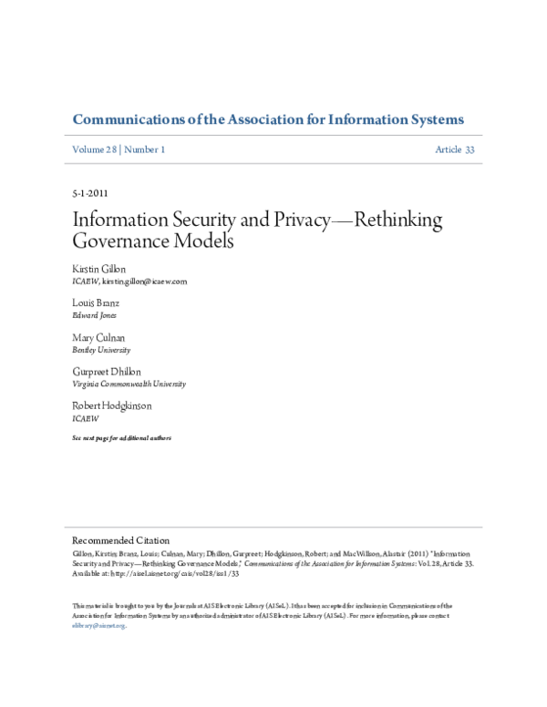 (PDF) Information Security and Privacy—Rethinking Governance Models