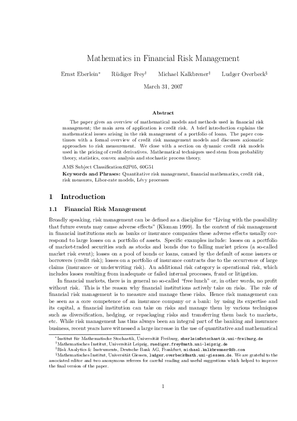 (PDF) Mathematics in financial risk management