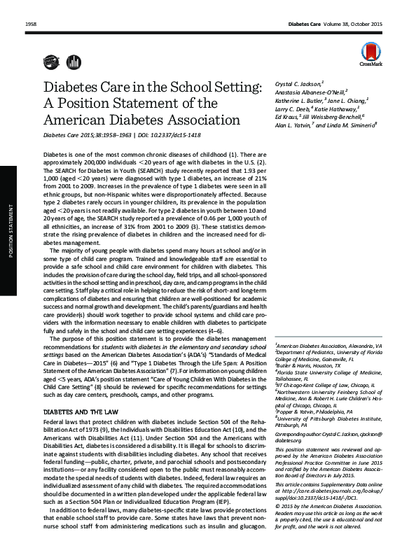 (PDF) Diabetes Care in the School Setting: A Position Statement of the ...