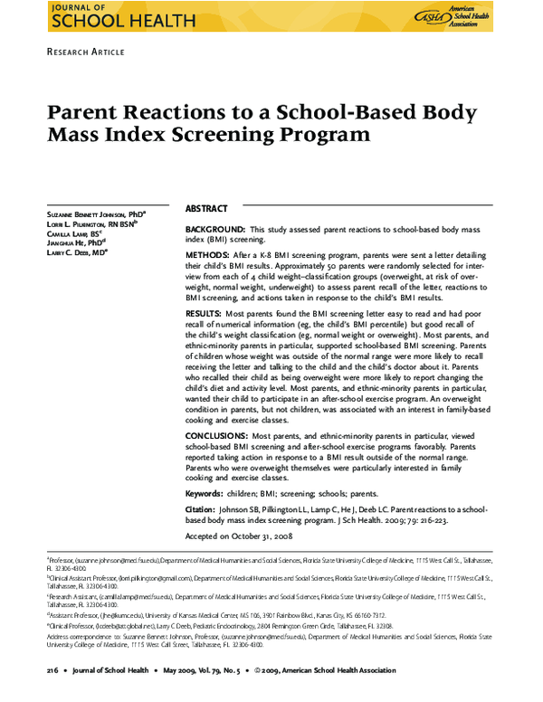 (PDF) Parent Reactions to a School-Based Body Mass Index Screening Program