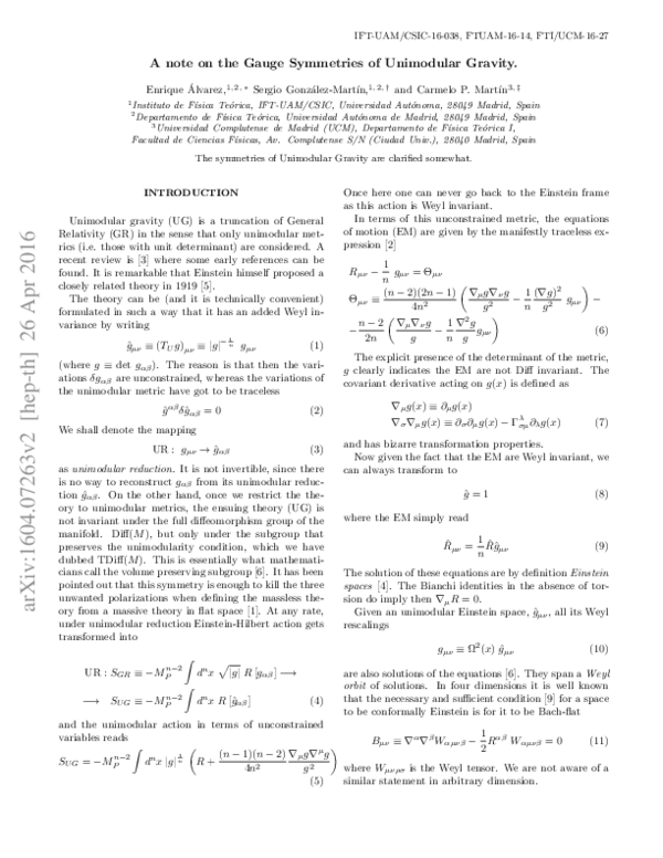 (PDF) Note on the gauge symmetries of unimodular gravity