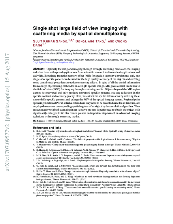 (PDF) Single-shot large field of view imaging with scattering media by ...
