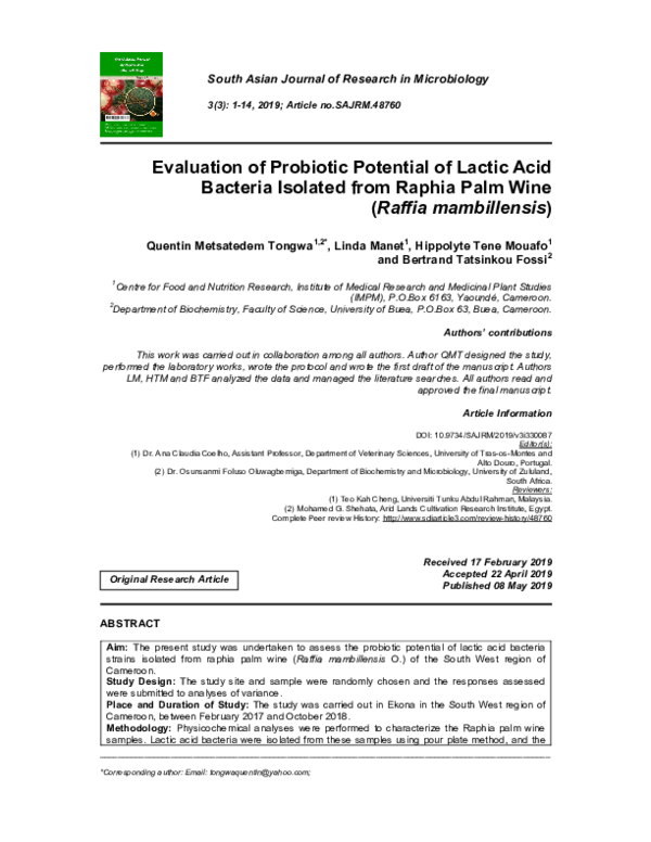 (PDF) Evaluation of Probiotic Potential of Lactic Acid Bacteria Isolated from Raphia Palm Wine ...