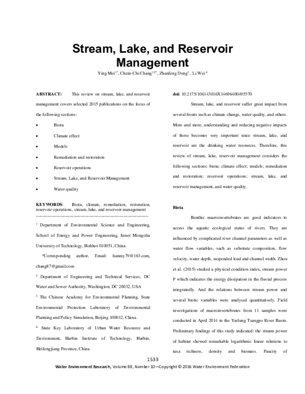 (PDF) Stream, Lake, and Reservoir Management