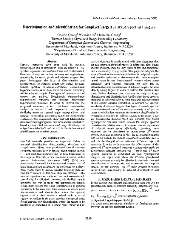 (PDF) Discrimination and identification for subpixel targets in hyperspectral imagery | Chein ...