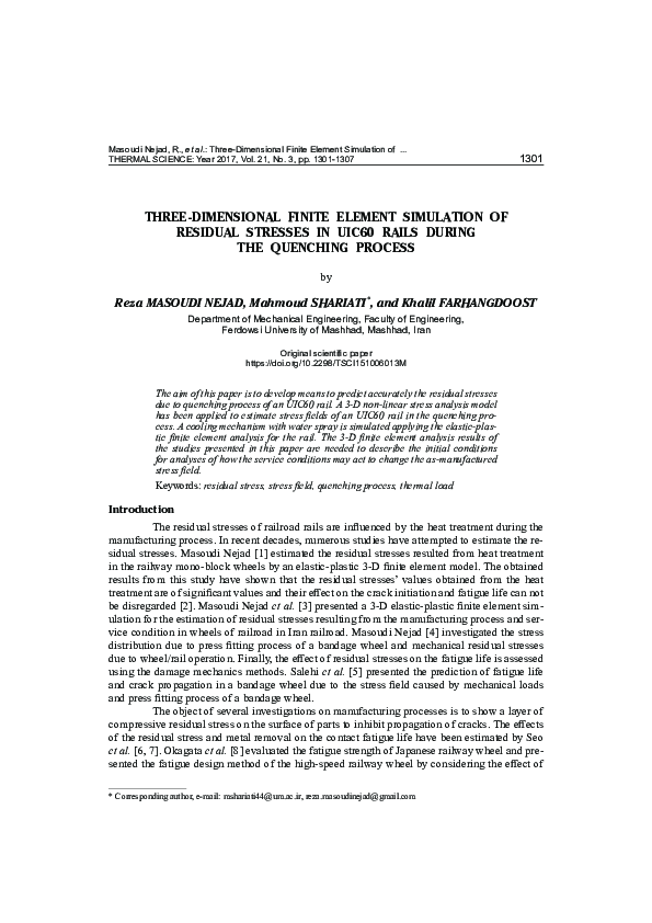 Pdf 3d Finite Element Simulation Of Residual Stresses In Uic60 Rails