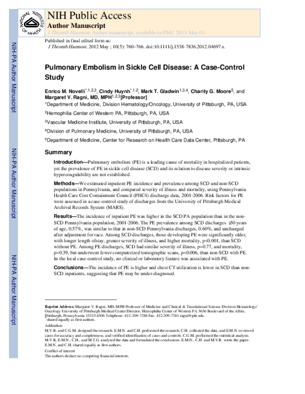 (PDF) Pulmonary embolism in sickle cell disease: a case-control study ...