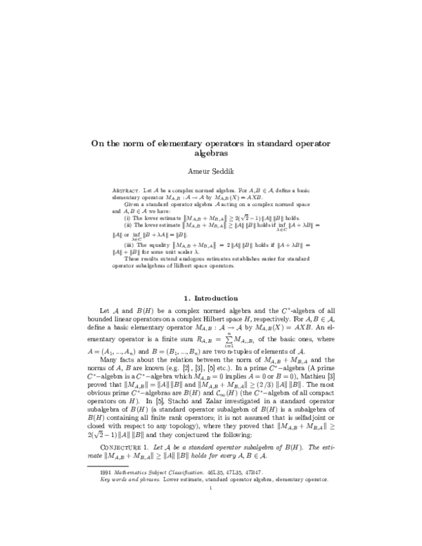 (PDF) On the norm of elementary operators in standard operator algebras