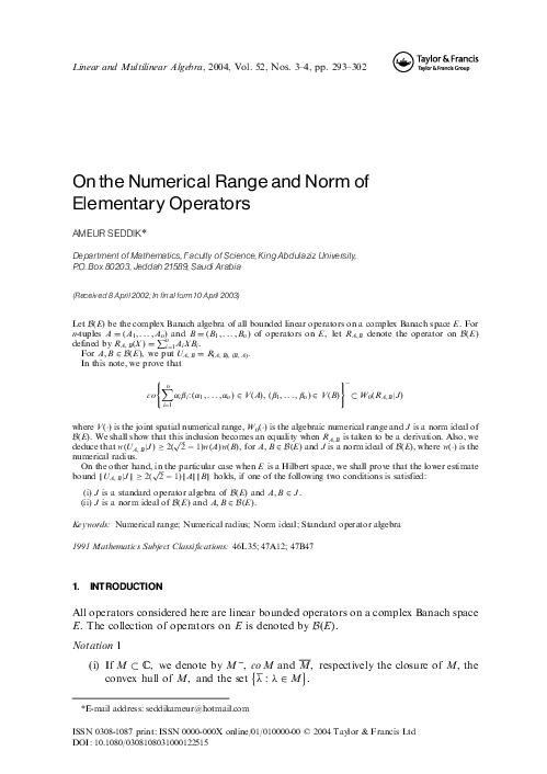 (PDF) On the Numerical Range and Norm of Elementary Operators