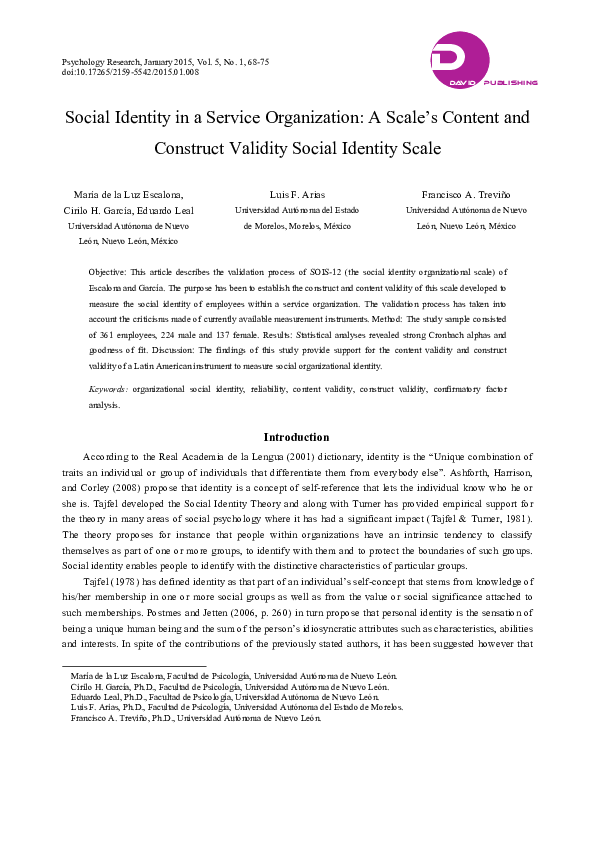 (PDF) Social Identity in a Service Organization: A Scale’s Content and ...