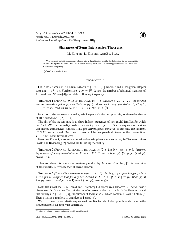 (PDF) Intersection Theorems: Sharpness in Frankl-Wilson Inequalities