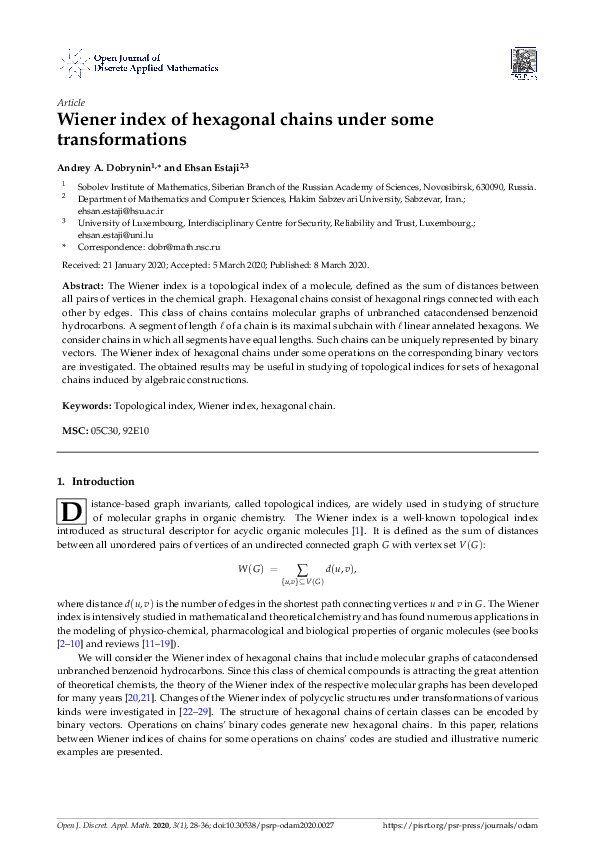 (PDF) Wiener index of hexagonal chains under some transformations