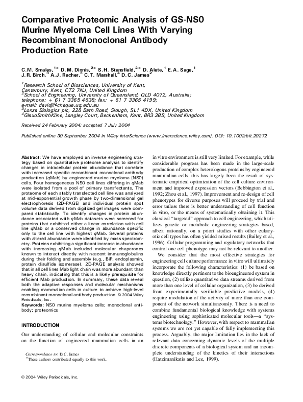 (PDF) Comparative proteomic analysis of GS-NS0 murine myeloma cell ...
