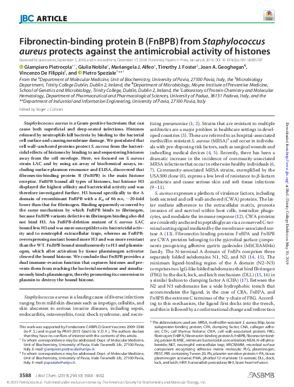 (PDF) Fibronectin-binding protein B (FnBPB) from Staphylococcus aureus protects against the ...