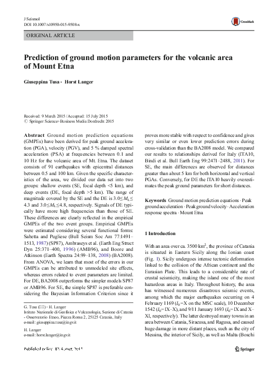 (PDF) Prediction of ground motion parameters for the volcanic area of ...