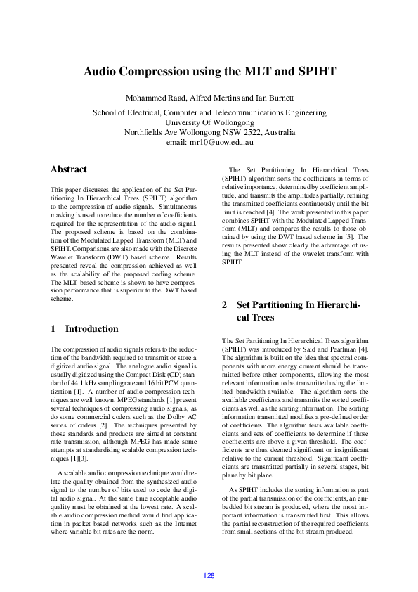 Pdf Audio Compression Using The Mlt And Spiht Mohamad Raad 