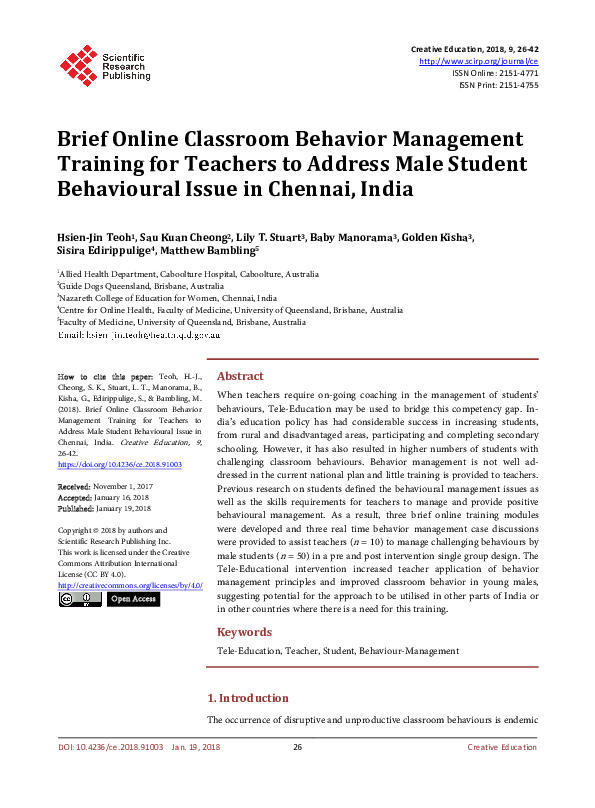 (PDF) Brief Online Classroom Behavior Management Training for Teachers ...