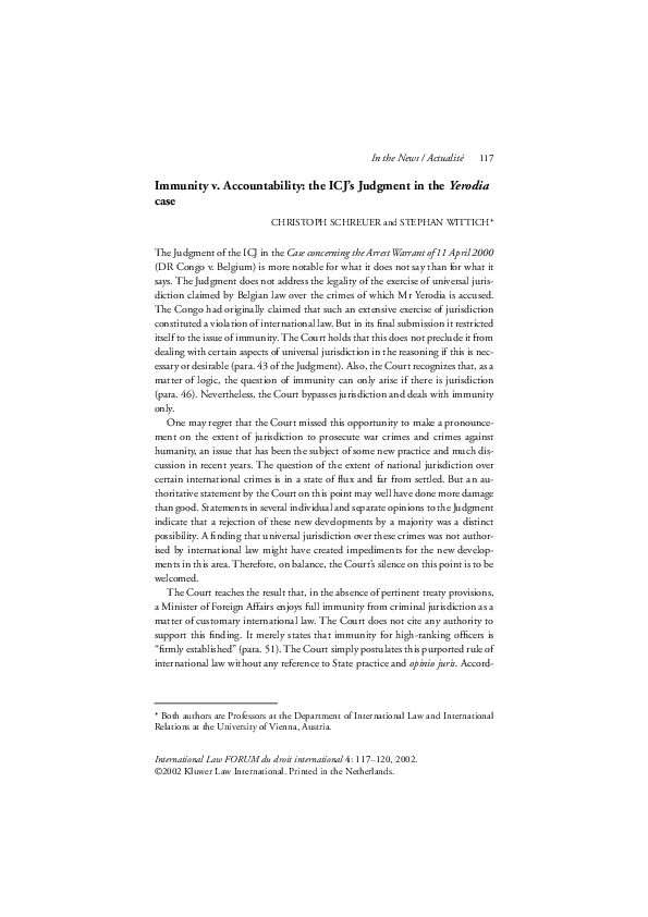 (PDF) Immunity v. Accountability: the ICJ's Judgment in the Yerodia case