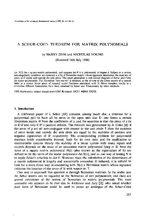 (PDF) A Schur-Cohn theorem for matrix polynomials