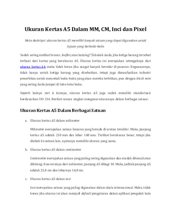 (PDF) Ukuran Kertas A5 Dalam MM, CM, Inci dan Pixel