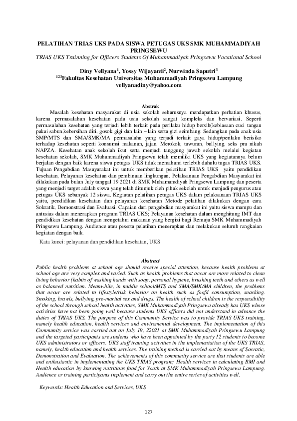 (PDF) Pelatihan Trias Uks Pada Siswa Petugas Uks SMK Muhammadiyah Pringsewu | Nurwinda Saputri ...