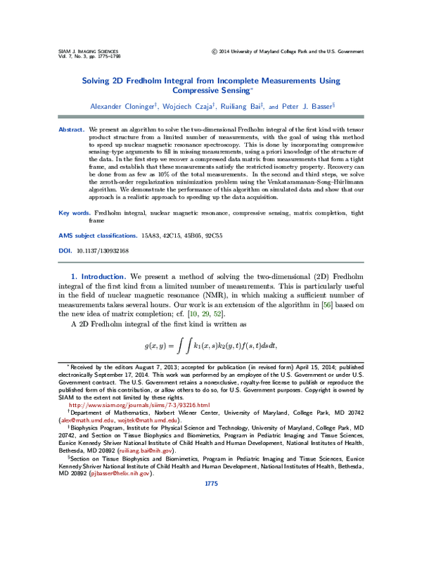Solving 2d Fredholm Integral From Incomplete Measurements Using Compressive Sensing