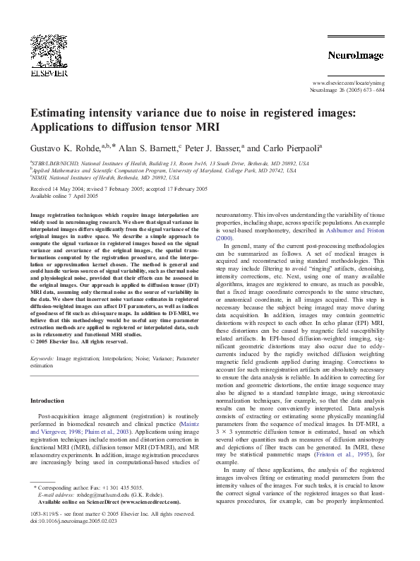 (PDF) Estimating intensity variance due to noise in registered images: Applications to diffusion ...