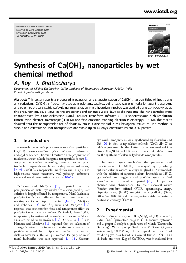 (PDF) Synthesis of Ca(OH)2 nanoparticles by wet chemical method
