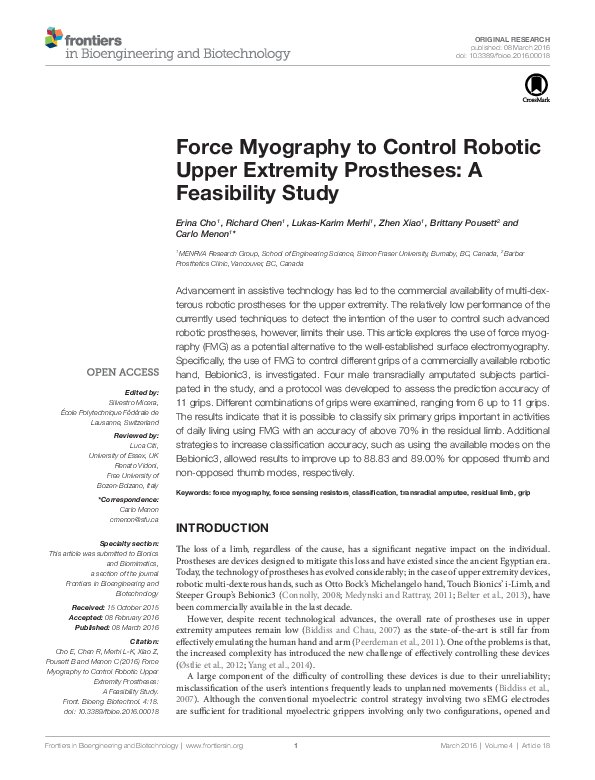 (PDF) Force Myography to Control Robotic Upper Extremity Prostheses: A ...