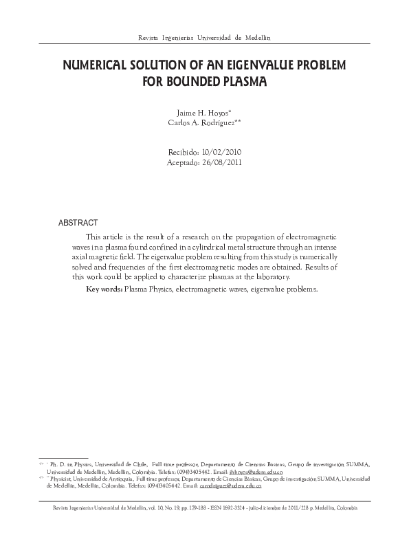 (PDF) Numerical solution of an eigenvalue problem for bounded plasma