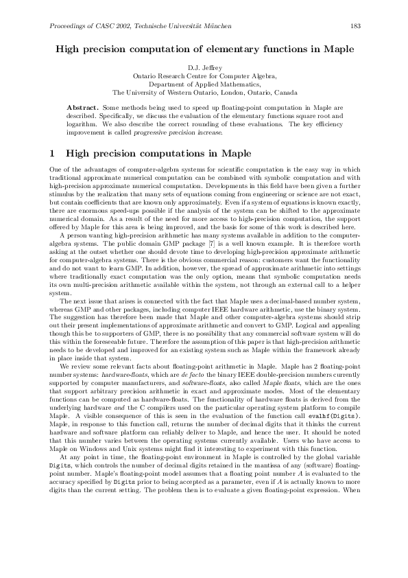 Pdf High Precision Computation Of Elementary Functions In Maple David Jeffrey