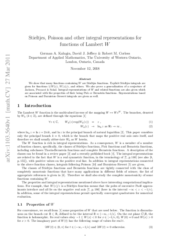 (PDF) Stieltjes, Poisson and other integral representations for ...