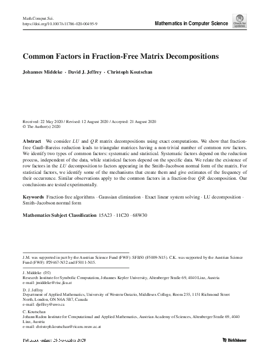 (PDF) Common Factors in Fraction-Free Matrix Decompositions